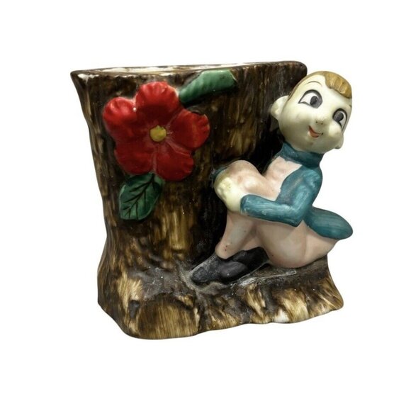 Accents | Vintage Leprechaun Pixie Elf Sitting Tree Stump Planter Decor ...